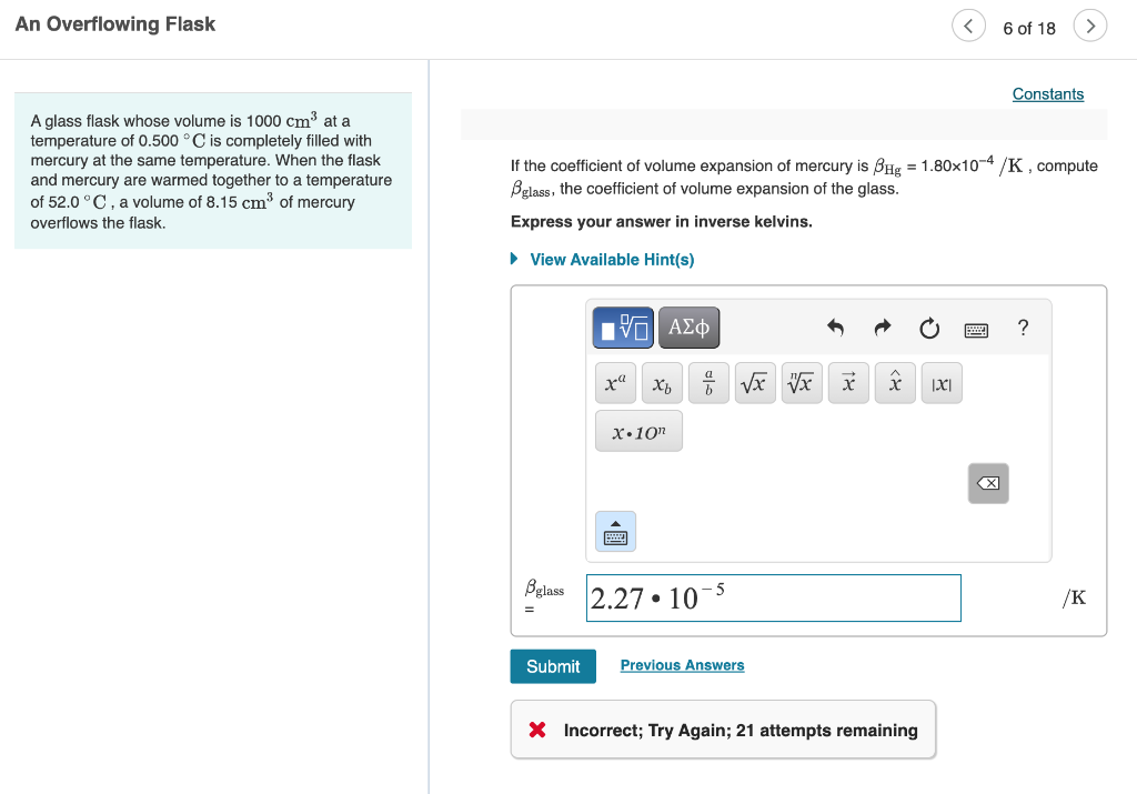 Solved An Overflowing Flask 6 of 18 Constants A glass flask | Chegg.com