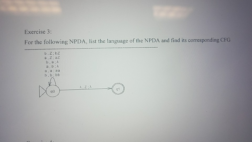Solved Exercise 3: For the following NPDA, list the language | Chegg.com