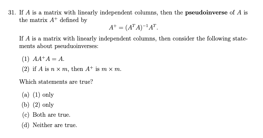 Solved If A is a matrix with linearly independent columns, | Chegg.com