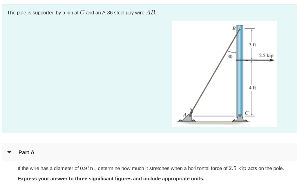 Solved The pole is supported by a pin at C and an A-36 steel | Chegg.com