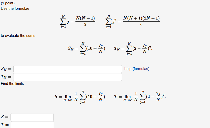 Solved (1 point) Use the formulae N N N(N+1) 2 ja N(N + | Chegg.com