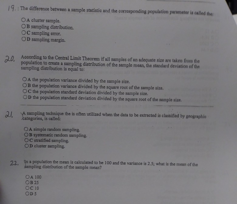 Solved i9. The difference between a sample statisic and the | Chegg.com