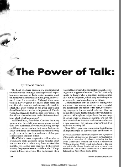 Solved The Power of Talk: by Deborah Tannen The head of a | Chegg.com