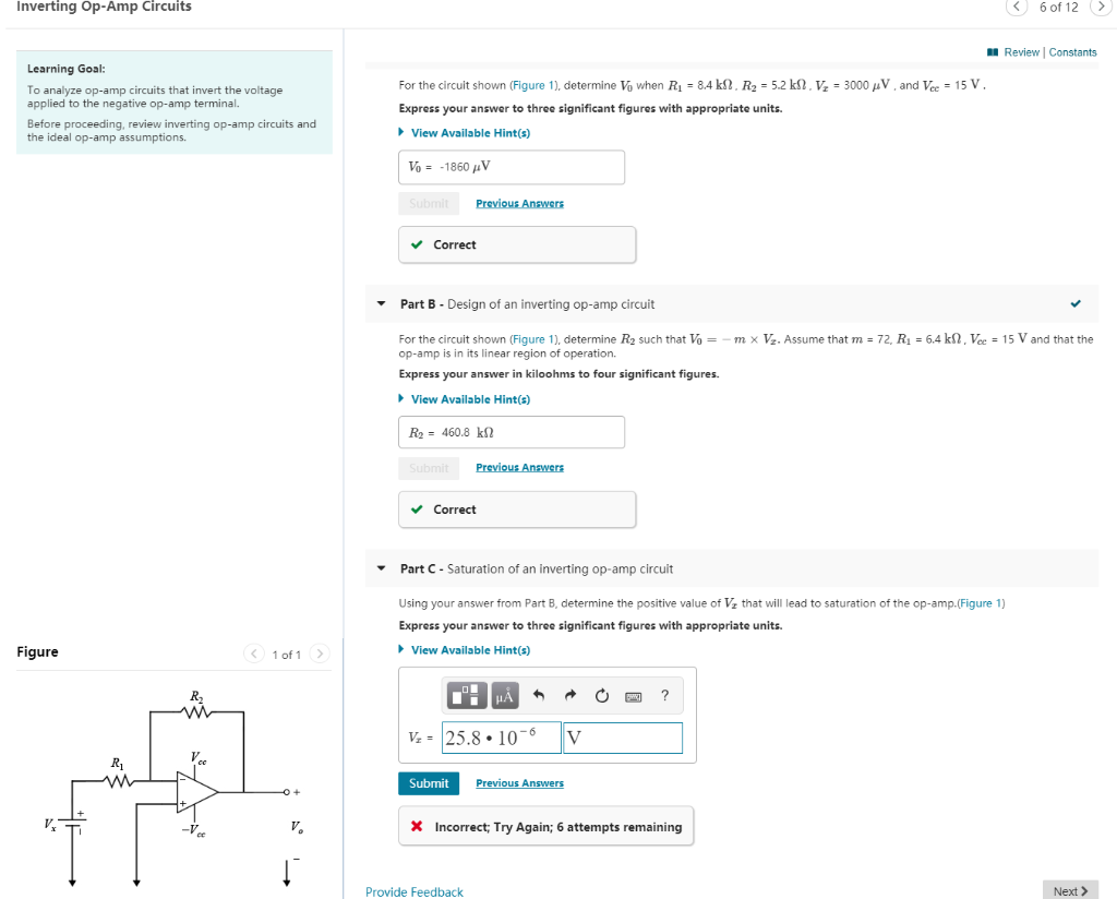 Solved Part C - Saturation of an inverting op-amp | Chegg.com