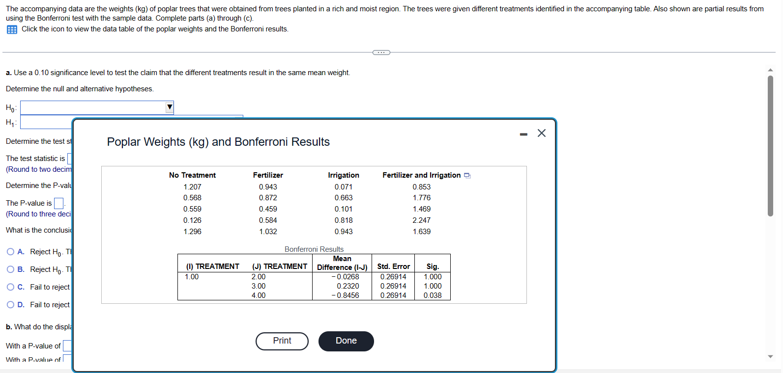 using the Bonferroni test with the sample data. | Chegg.com