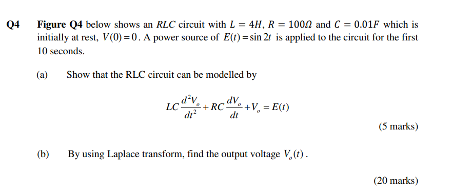 Solved Figure Q4 below shows an RLC circuit with L=4H,R=100Ω | Chegg.com