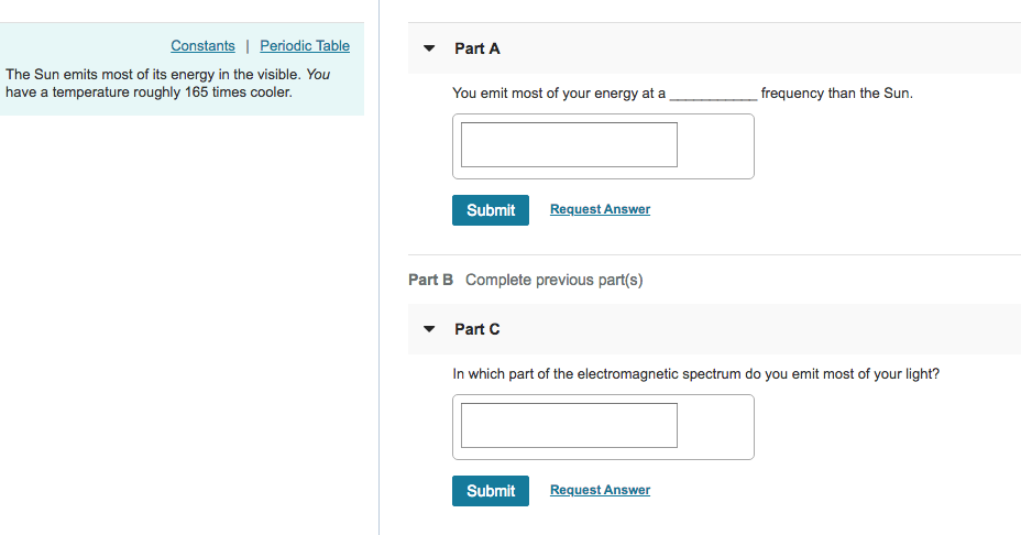 Solved Constants Periodic Table Part A The Sun emits most of | Chegg.com