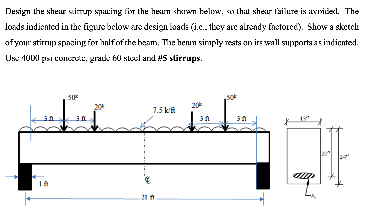 Solved Design the shear stirrup spacing for the beam shown | Chegg.com