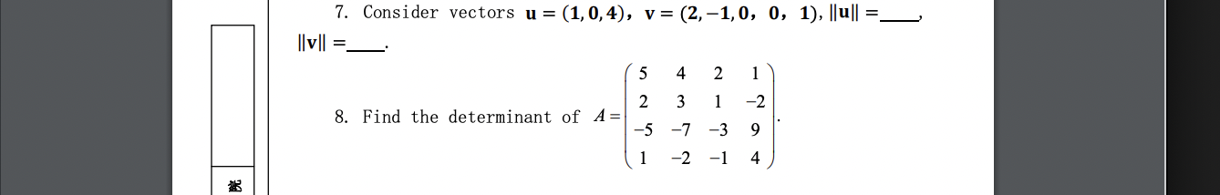 Solved 7. Consider vectors u=(1,0,4),v=(2,−1,0,0,1),∥u∥= | Chegg.com