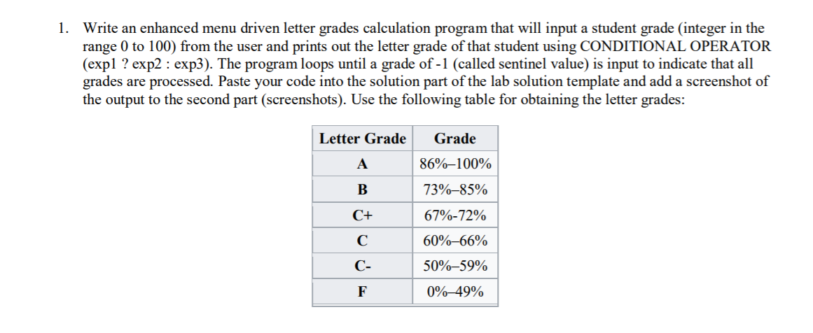 Solved 1. Write an enhanced menu driven letter grades | Chegg.com