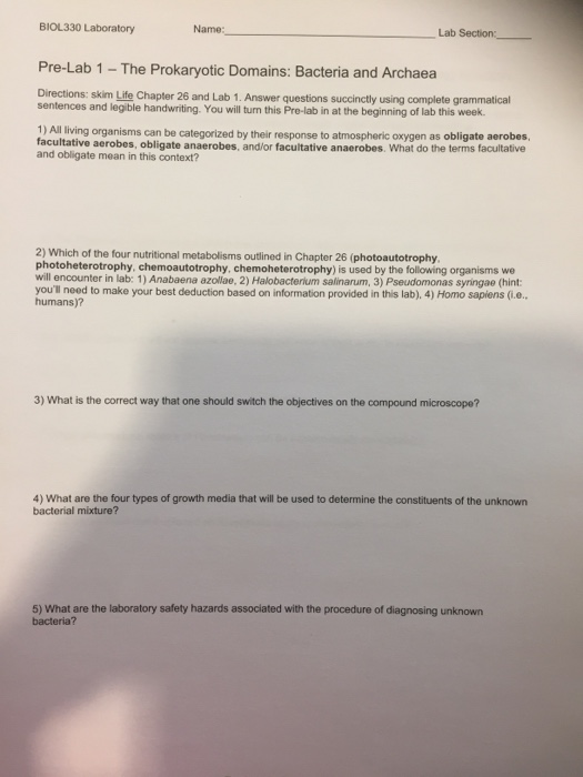 Solved BIOL330 Laboratory Name: Lab Section Pre-Lab 1 - The | Chegg.com