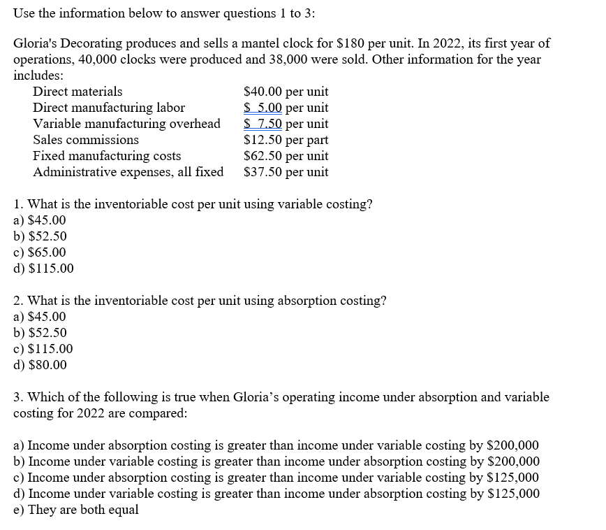 Solved Use the information below to answer questions 1 to 3 | Chegg.com
