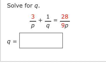 Solved Solve for q. 3 1 + р a = 28 9p q= | Chegg.com