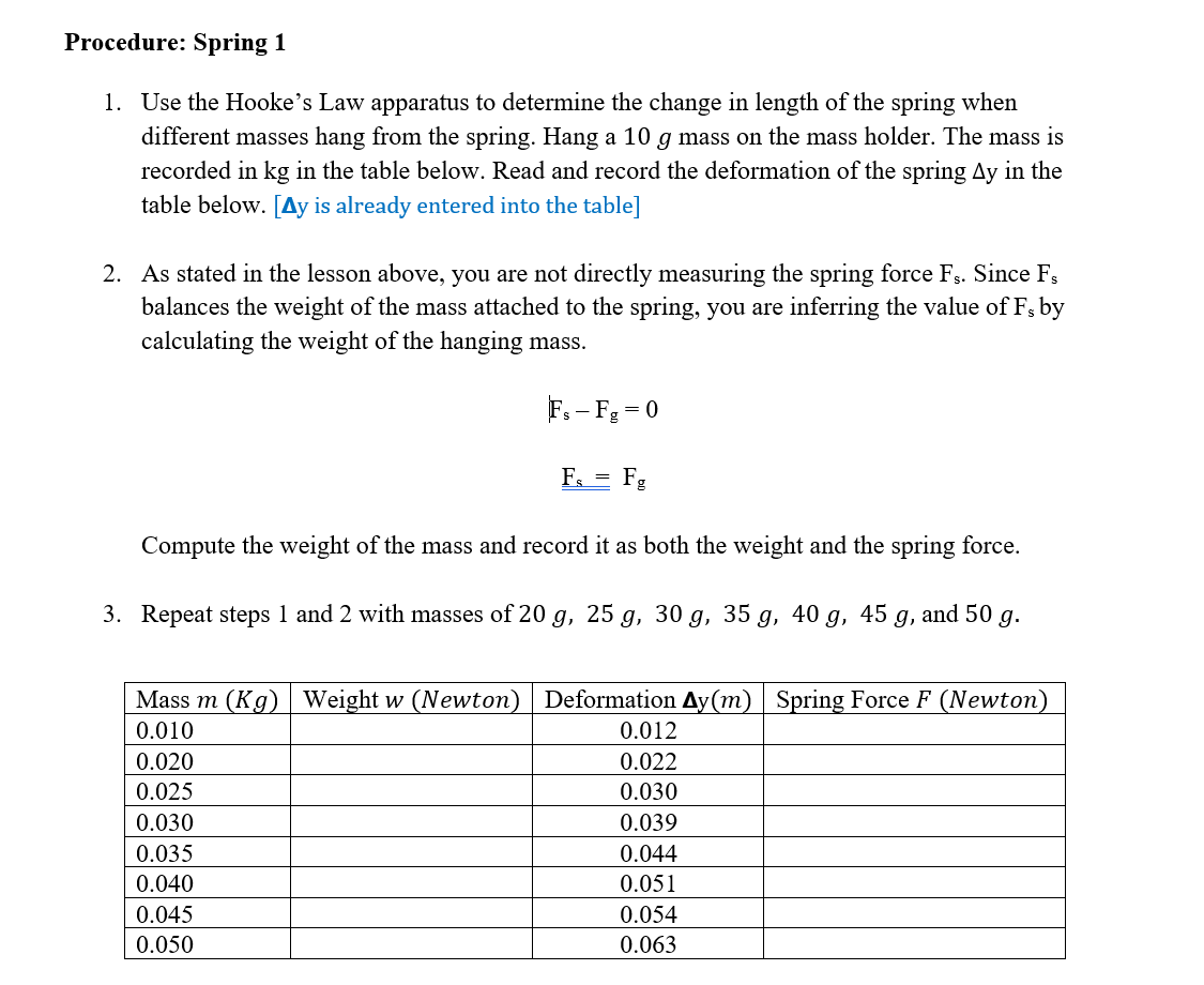 Solved Procedure: Spring 1 1. Use the Hooke's Law apparatus | Chegg.com
