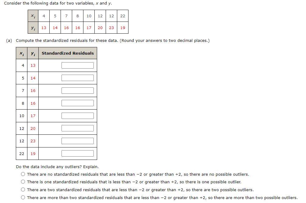 Solved Consider the following data for two variables, x and | Chegg.com