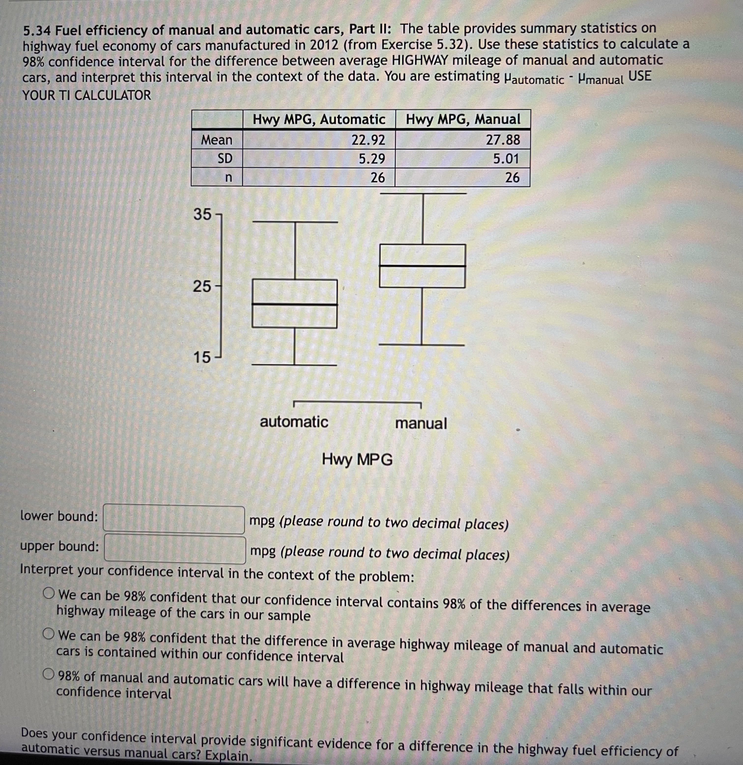 Solved 5.34 Fuel efficiency of manual and automatic cars, | Chegg.com