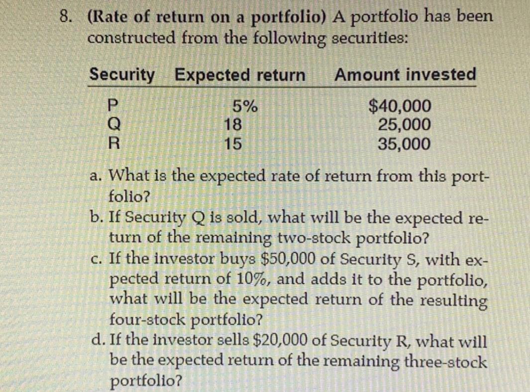 Solved ס פ ס 8. (Rate of return on a portfolio) A portfolio | Chegg.com