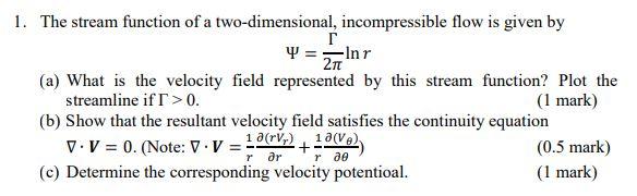 Solved 1. The stream function of a two-dimensional, | Chegg.com