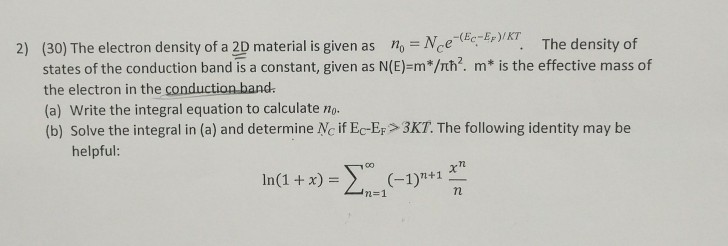 Solved 2) (30) The electron density of a 2D material is | Chegg.com