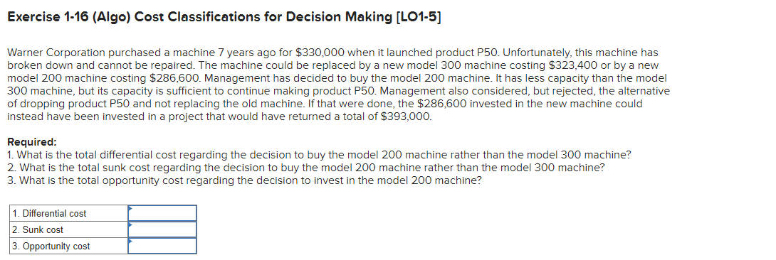 Solved Exercise 1-16 (Algo) Cost Classifications for | Chegg.com