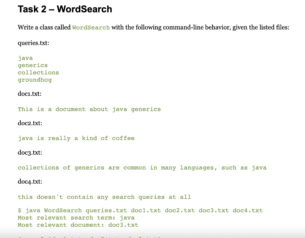 Solved Task 2 - WordSearch Write a class called Wordsearch | Chegg.com