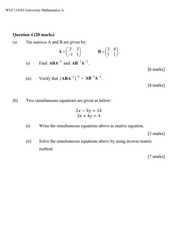 Solved WUC114/03 University Mathematics A Question 4 (20 | Chegg.com