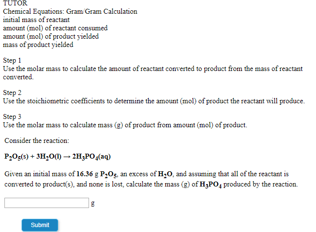 Solved TUTOR Chemical Equations: Gram Gram Calculation | Chegg.com