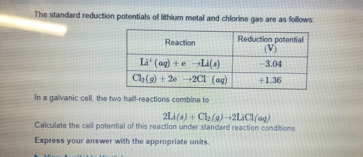 Solved The standard reduction potentials of lithium metal | Chegg.com