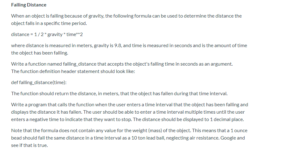 Solved Falling Distance When an object is falling because of | Chegg.com