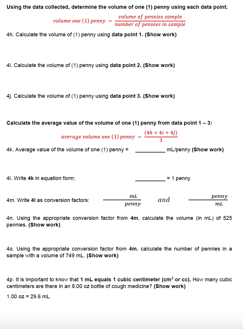 Part 4. Measuring the volume of pennies by | Chegg.com