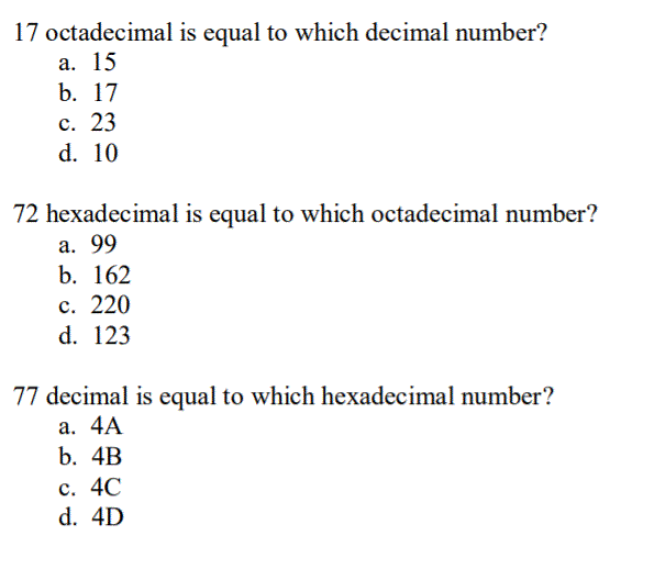 Solved 17 octadecimal is equal to which decimal number? a. | Chegg.com