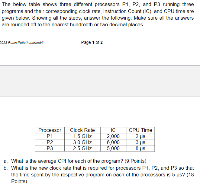 The below table shows three different processors | Chegg.com
