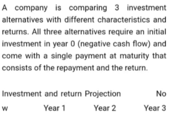 Solved A company is comparing 3 investment alternatives with | Chegg.com