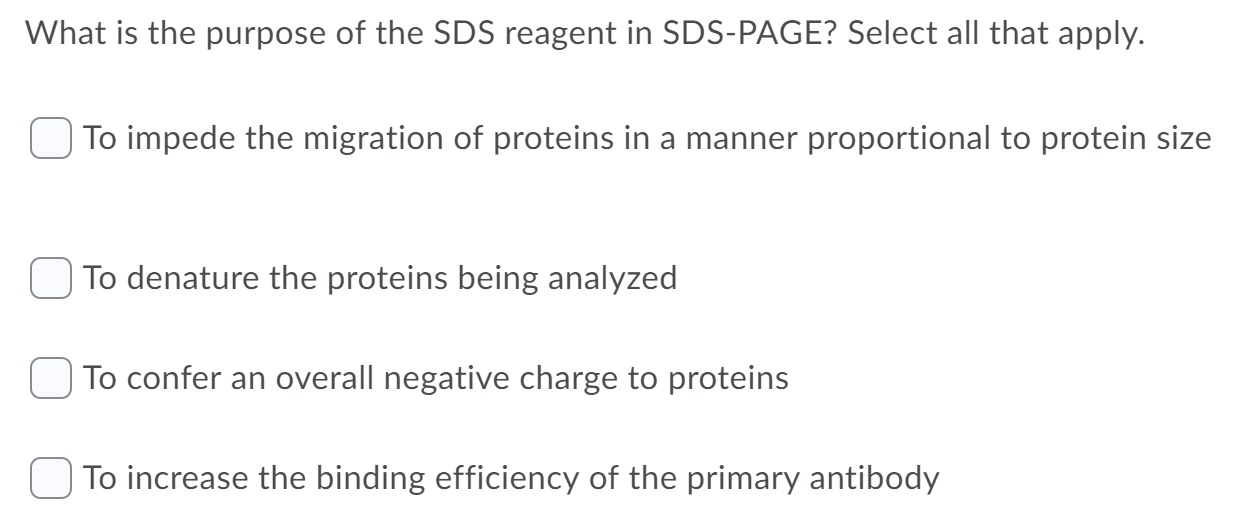 Solved What is the purpose of the SDS reagent in SDS-PAGE? | Chegg.com