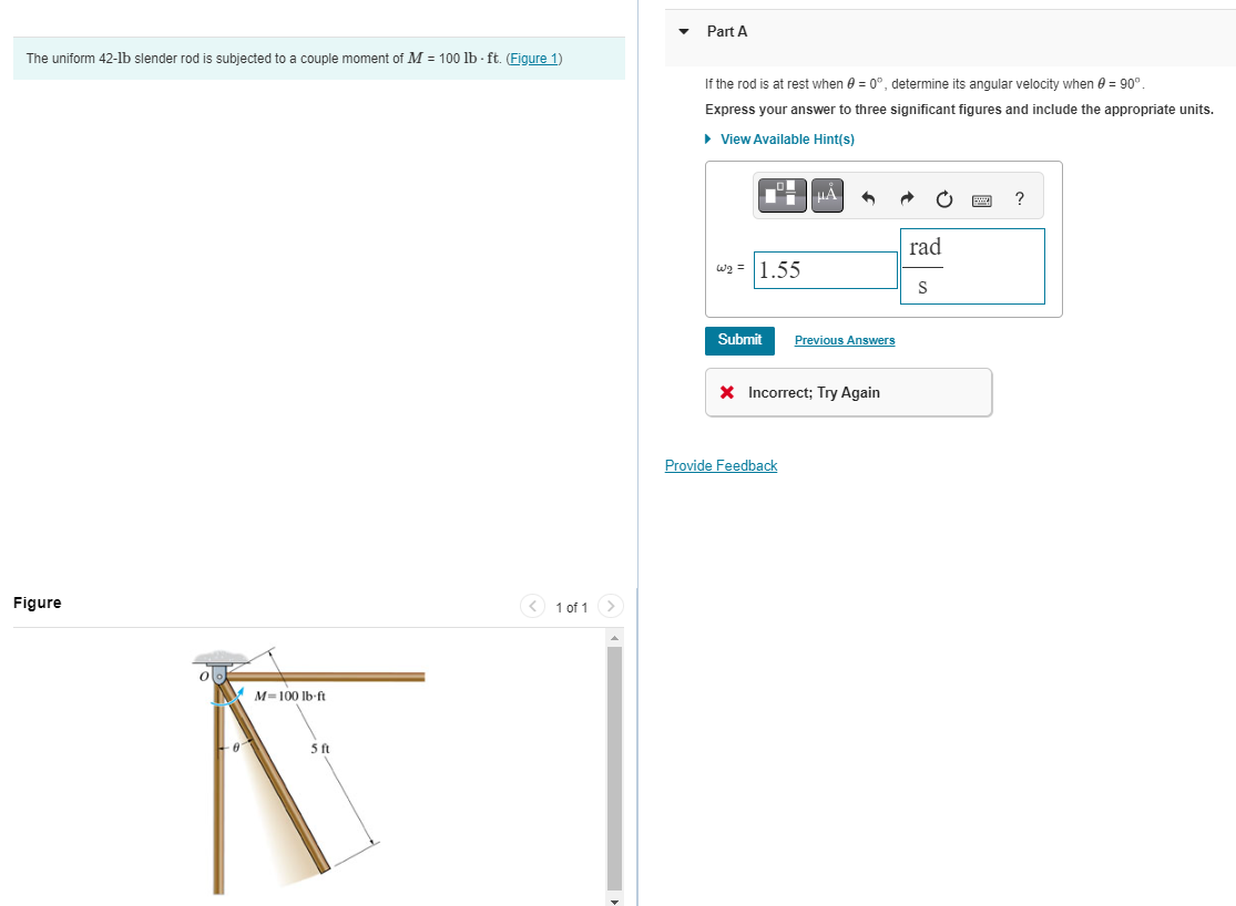 Solved The uniform 42-lb slender rod is subjected to a | Chegg.com