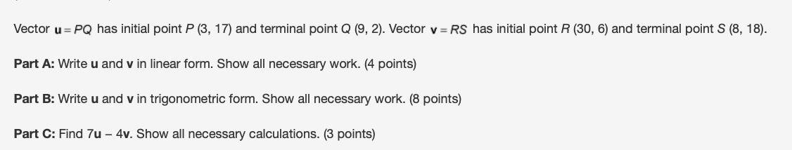 Solved Vector u = PQ has initial point P (3, 17) and | Chegg.com