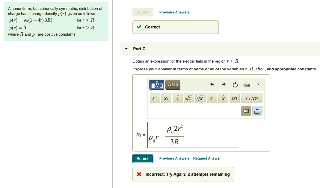 Solved Submit Previous Answers A nonuniform, but spherically | Chegg.com
