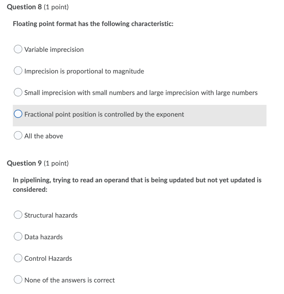 Solved Question 8 1 Point Floating Point Format Has The 