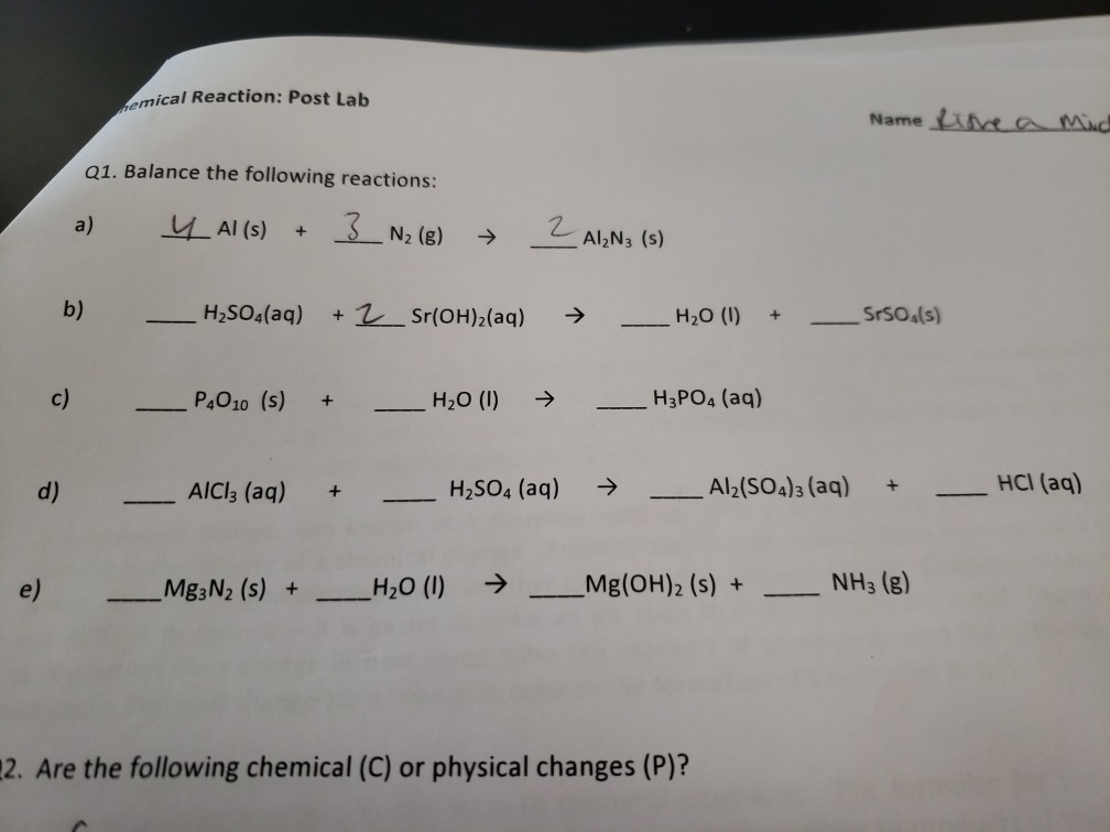 Solved emical Reaction: Post Lab Name Q1. Balance the | Chegg.com