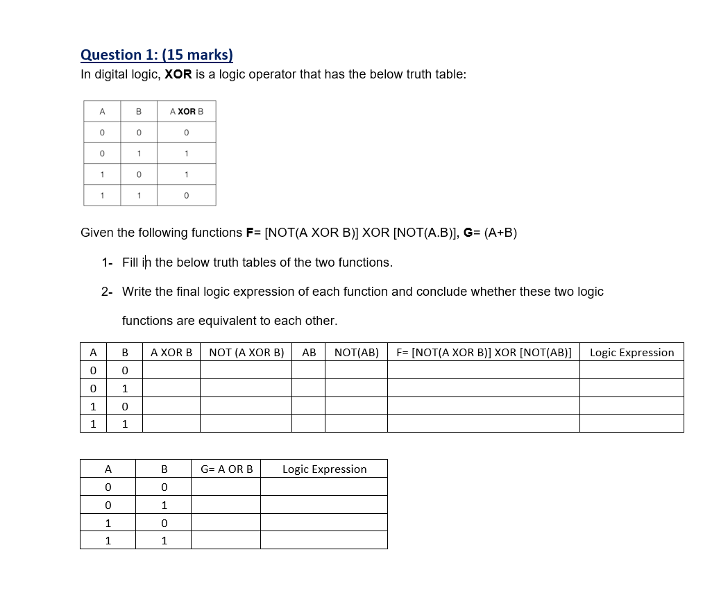 Solved ion 1 15 Marks In Digital Logic XOR Is A Chegg