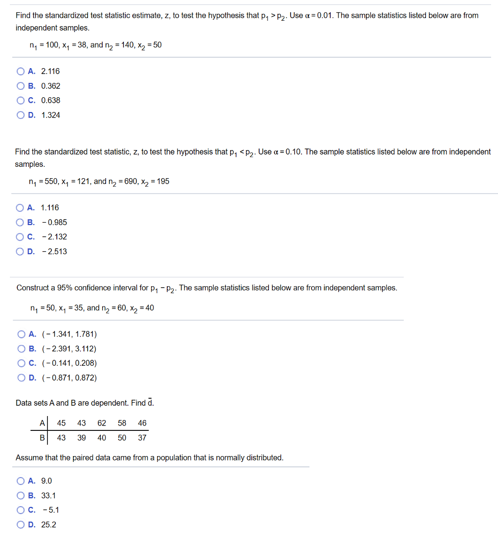 Solved Find the standardized test statistic estimate, z, to | Chegg.com