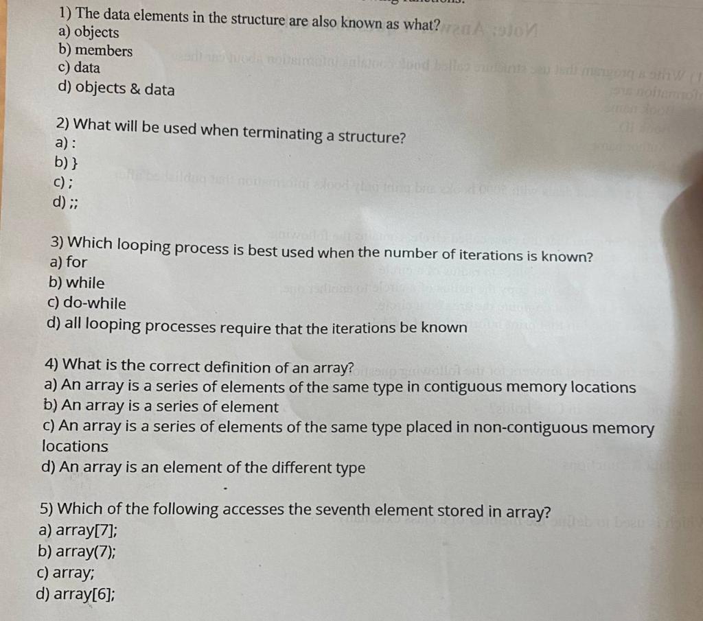 Solved 1) The data elements in the structure are also known | Chegg.com