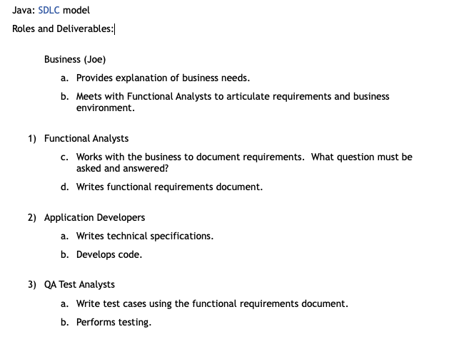 Solved Java: SDLC model Roles and Deliverables:| Business | Chegg.com