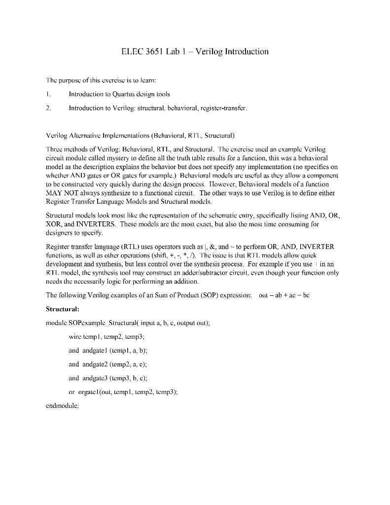 Solved Elec 3651 Lab 1 Verilog Introduction The Purpose Of 5503