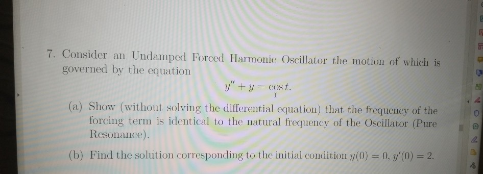 Solved 7. Consider an Undamped Forced Harmonic Oscillator | Chegg.com
