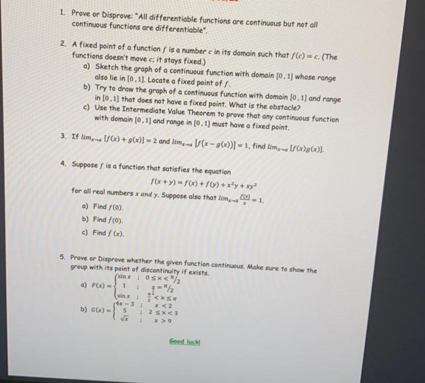 Solved 1. Prove or Disprove: "All differentiable functions | Chegg.com