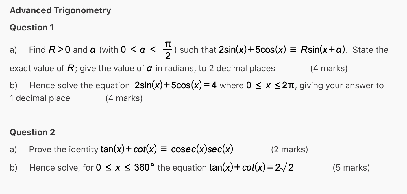 Solved Advanced Trigonometry Question 1 π a) Find R >0 and a | Chegg.com