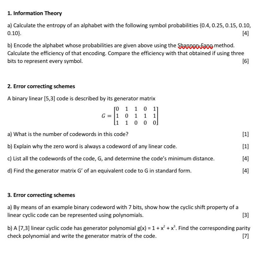 Solved 1. Information Theory a) Calculate the entropy of an | Chegg.com