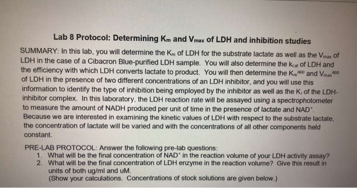 Lab 8 Protocol: Determining Km and Vmax of LDH and | Chegg.com