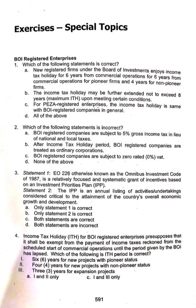 Solved Exercises - Special Topics BOI Registered Enterprises | Chegg.com